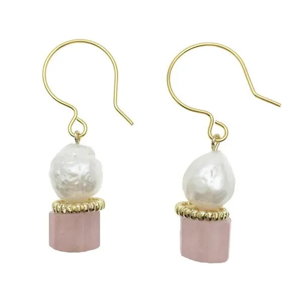 FARRA Freshwater Pearl With Rose Quartz Hoop Earrings - Pink