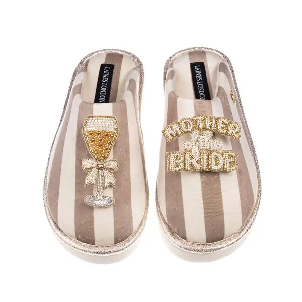 LAINES LONDON Brown / Neutrals / White Flatform Stripe Closed Toe Slippers With Mother Of The Bride Brooches Beige & Cream - Brown/white