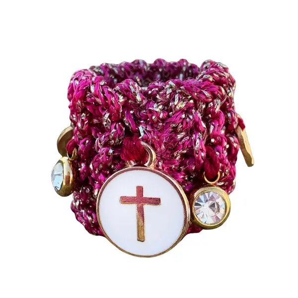 HILO DE MAR Fuchsia And Handknitted Ring With Charms Elastic - Gold
