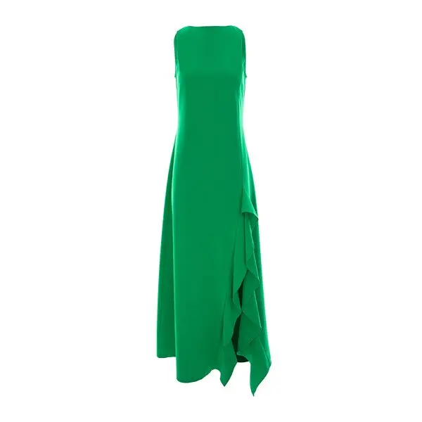 LARISA DRAGNA Long Dress With Delicate Straps And Ruffled Slit - Green