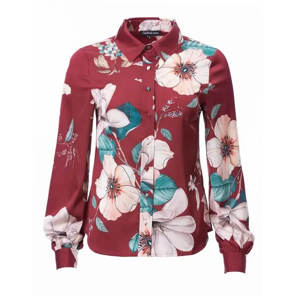 CARLOSLINES Romantic Floral Print Puff Sleeve Button Down Shirt