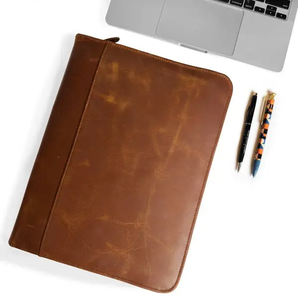 HIDES LEATHER CO. Handmade Leather Docut Holder, Zip Organizer Padfolio - Brown