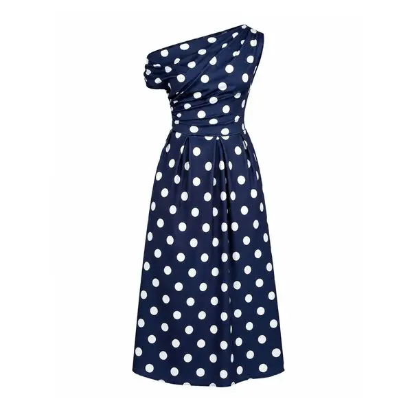 GIRL IN MIND Betty Asymmetric Neckline Skater Midi Dress Navy Polka - Blue