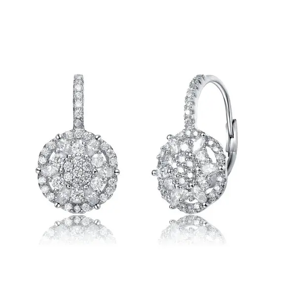 GENEVIVE Cubic Zirconia Flower Cluster Halo Leverback Dangle Earrings - White
