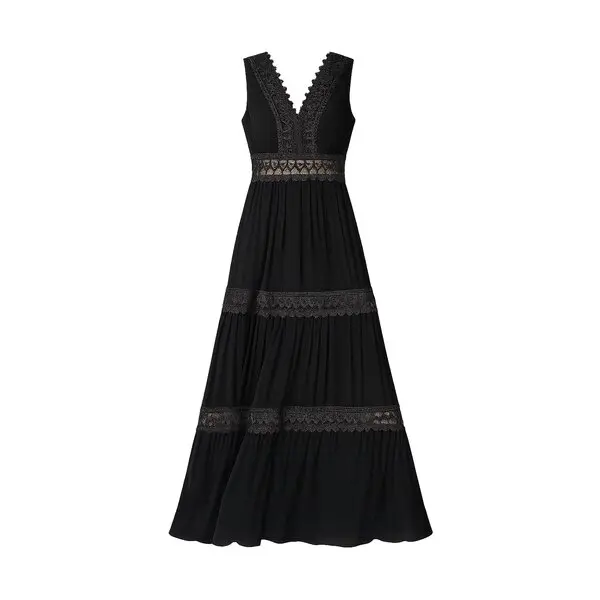 YUMI Lace Trim Cotton Midi Sun Dress - Black