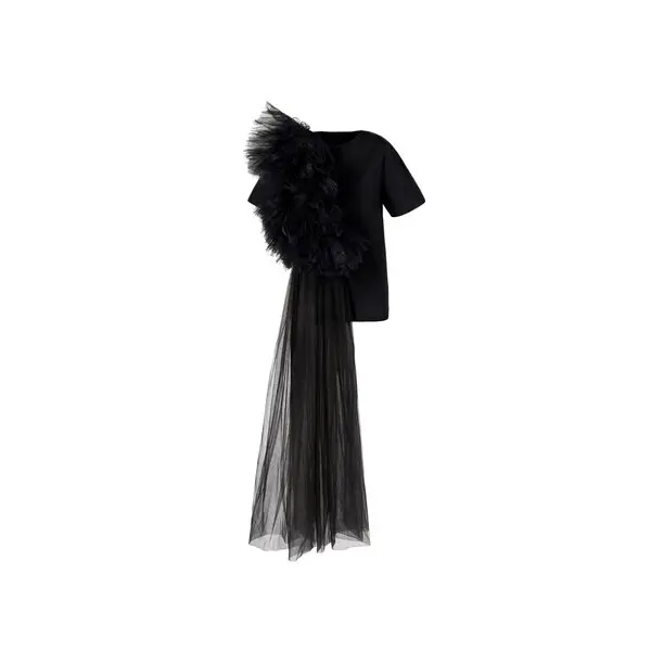 LIA ARAM Ruffle Appliqué Hybrid Tee - Black