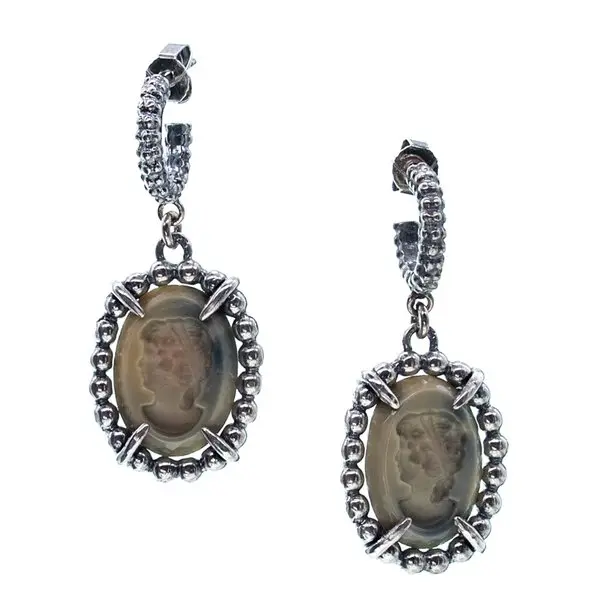 GEM KINGDOM Green / Silver Ex Voto Vintage Cameo Hoop Earrings - Green/silver