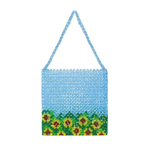 TILLIE BEADS Yellow Teal Sky Sunflower Detail And More Tote Bead Bag - Blue