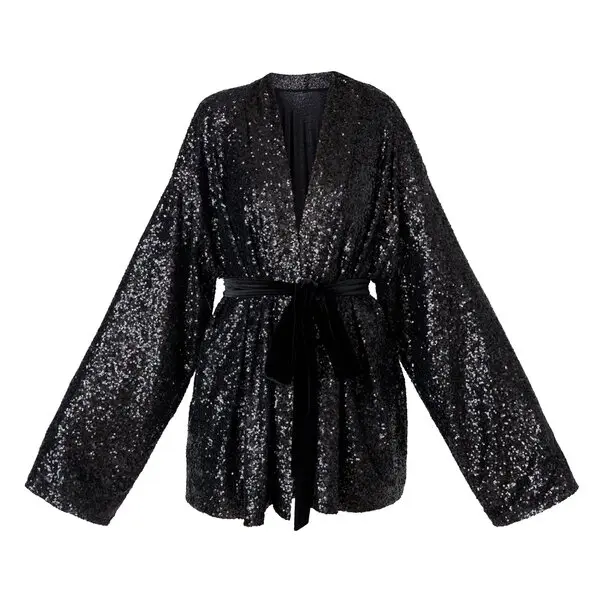 LIA ARAM Sequin Wrap Blazer - Black