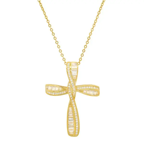 KYLIE HARPER Baguette Twist Diamond Cz Cross Pendant Necklace - Gold