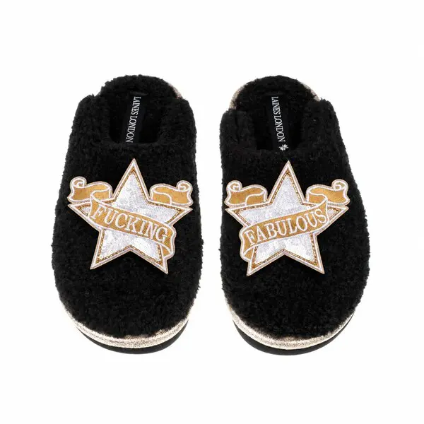 LAINES LONDON Black / Gold Teddy Closed Toe Slippers With White & Gold Fucking Fabulous Brooches Black - Black/gold