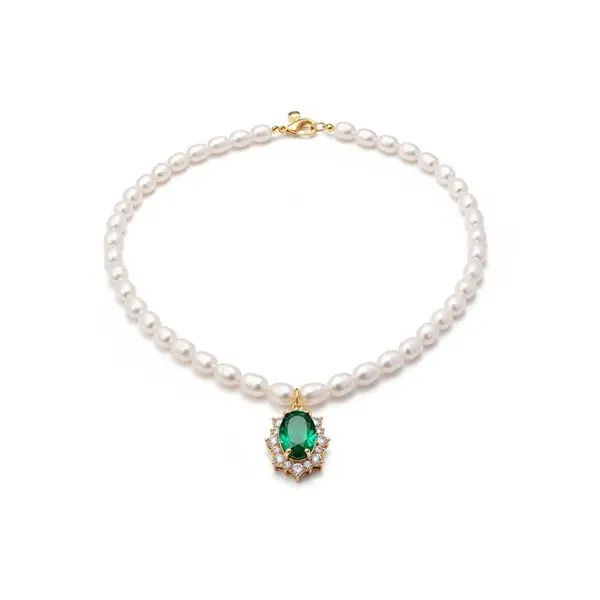 ANGEL BAROCCO Seeds Pearl Choker Necklace With Crystal Pendant - Green