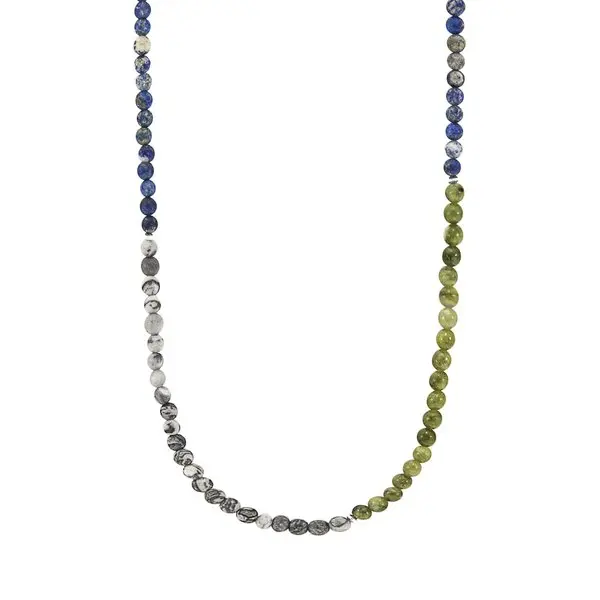 ANCHOR & CREW Jasper, Green Jade & Blue Sodalite Isaac Silver & Stone Skinny Necklace X Wrap Bracelet - Grey
