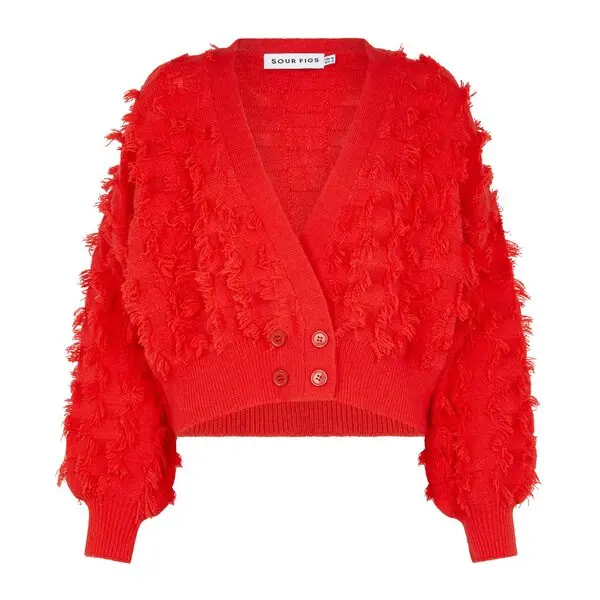 SOUR FIGS Fringed Checkerboard Cardigan In Lust - Red
