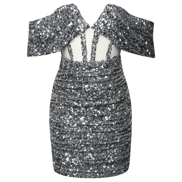 MISS CIRCLE NEW YORK Weston Sequin Off Shoulder Corset Dress - Silver