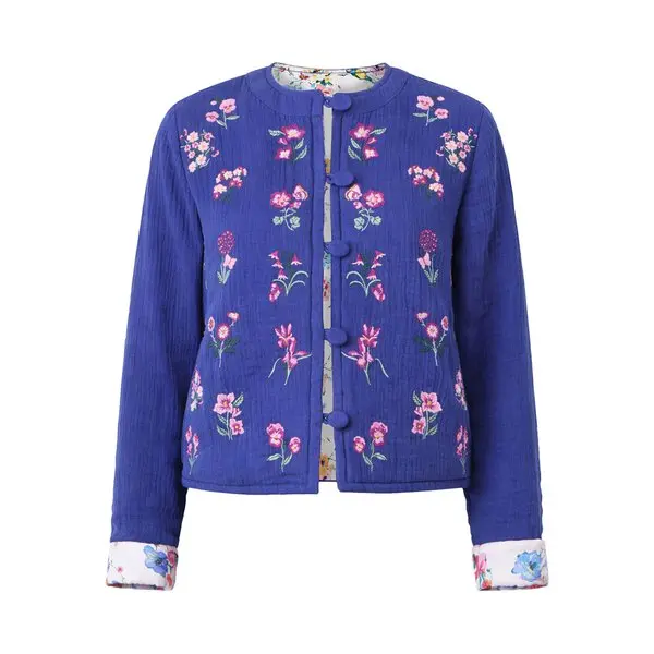 YUMI Floral Embroidery Cotton Jacket - Blue
