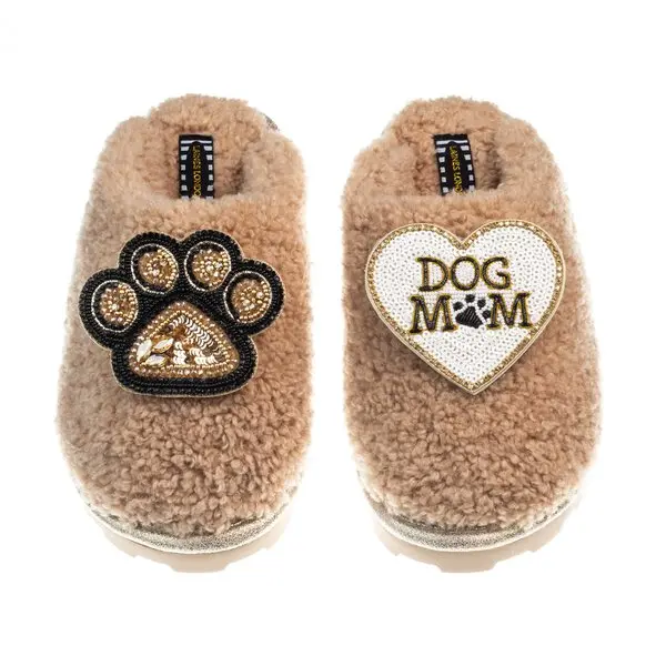 LAINES LONDON Teddy Closed Toe Slippers With Dog Mum / Mom & Paw Brooches Toffee - Brown