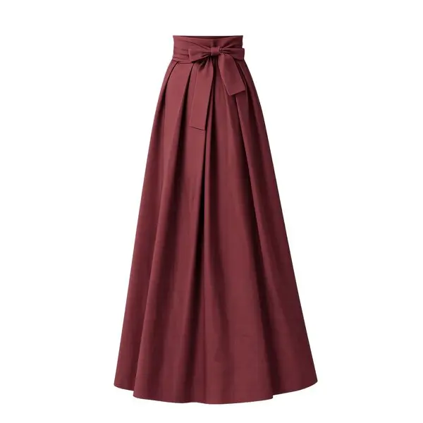 NIKKA PLACE Maxi Pleated Cotton Skirt With Bow And Pockets In Burgundy Color - Red