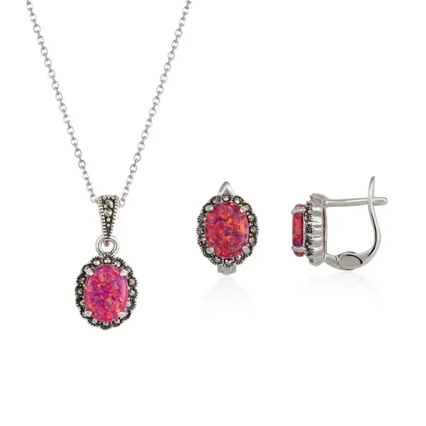 SPERO LONDON Red / Silver Oval Red Opal High Quality Sterling Silver Set - Red/silver