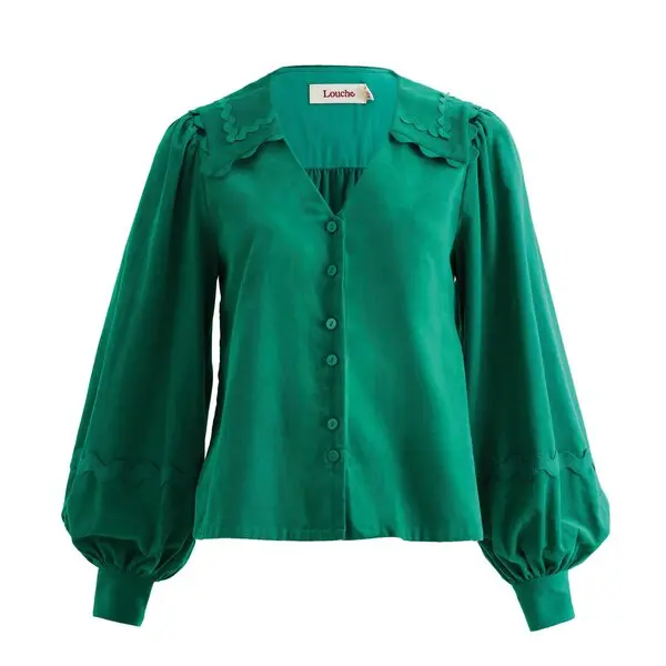 LOUCHE Pallas Babycord Big Collar Ric Rac Trimmed Blouse Teal - Green