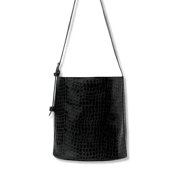 JUAN-JO Croc Embossed Leather Bucket Bag - Black