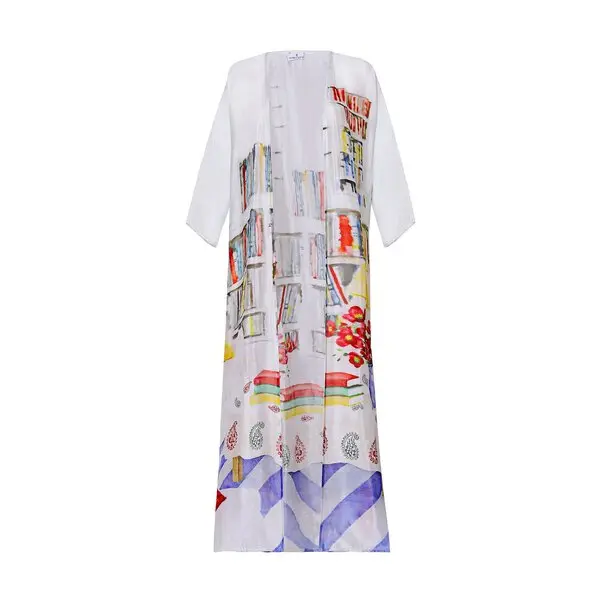 DHARA SHETH, DUBAI Abode Artistic Bookshelf Printed Kimono Dress Red,green, & Multicolor Library Print