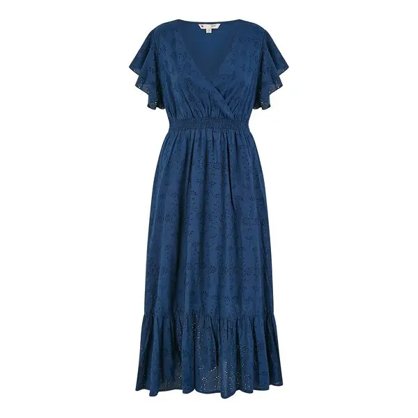 YUMI Navy Cotton Broderie Anglaise Wrap Midi Dress - Blue