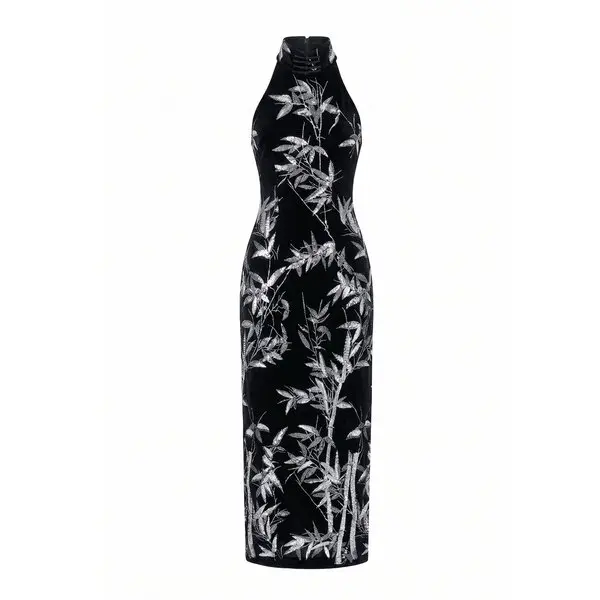BELSIZE25 Black / Silver Bamboo Leaf Beaded Embroidered Halterneck Gown - Black/silver