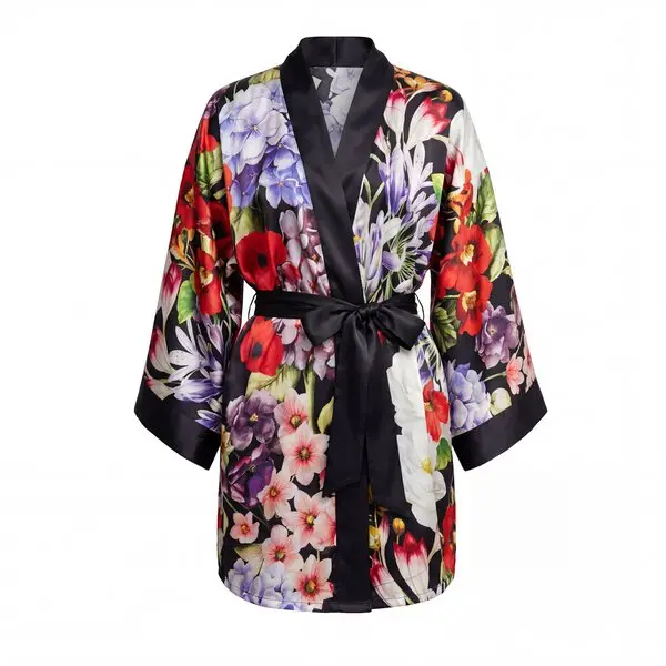 VIMISSIA Wild Bloom Short Silk Kimono Stile Robe - Black