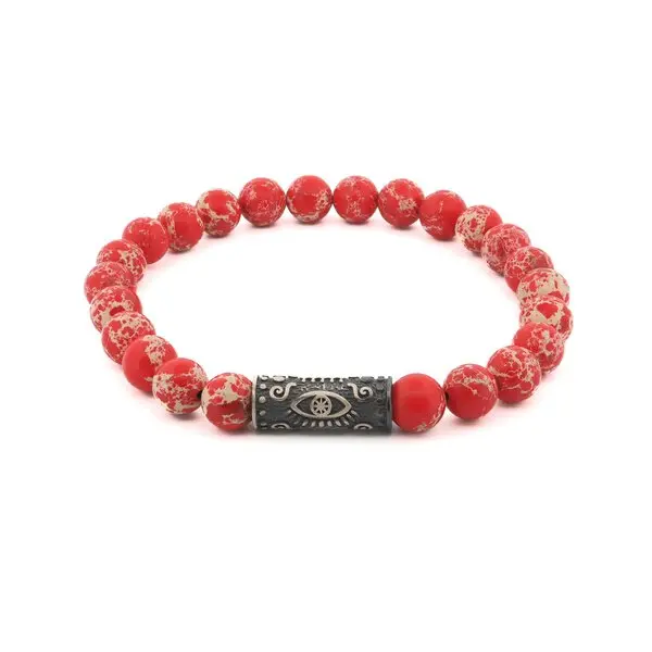 EBRU JEWELRY Red / Silver Sterling Silver Evil Eye & Red Jasper Stone Beaded Bracelet Red - Red/silver