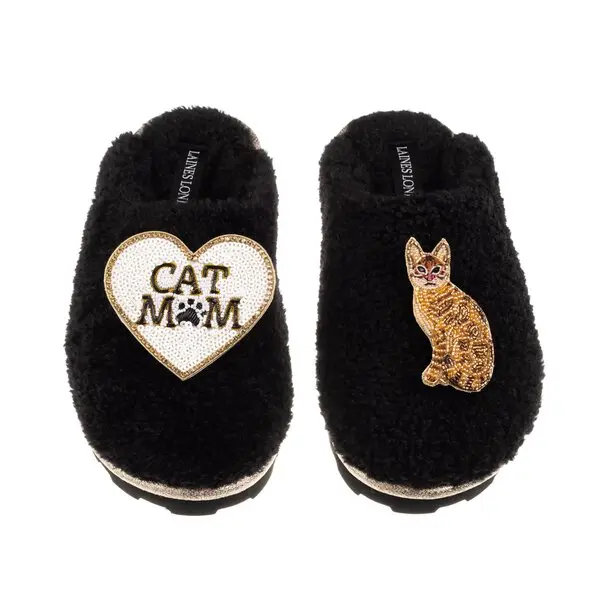 LAINES LONDON Teddy Closed Toe Slippers With Cat Mum/mom & Bengal Cat Brooches - Black