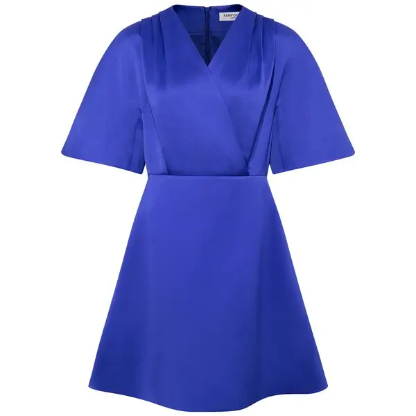 FEMPONIQ Pleated Shoulder Kimono Sleeve Satin Duchess Dress / Royal - Blue