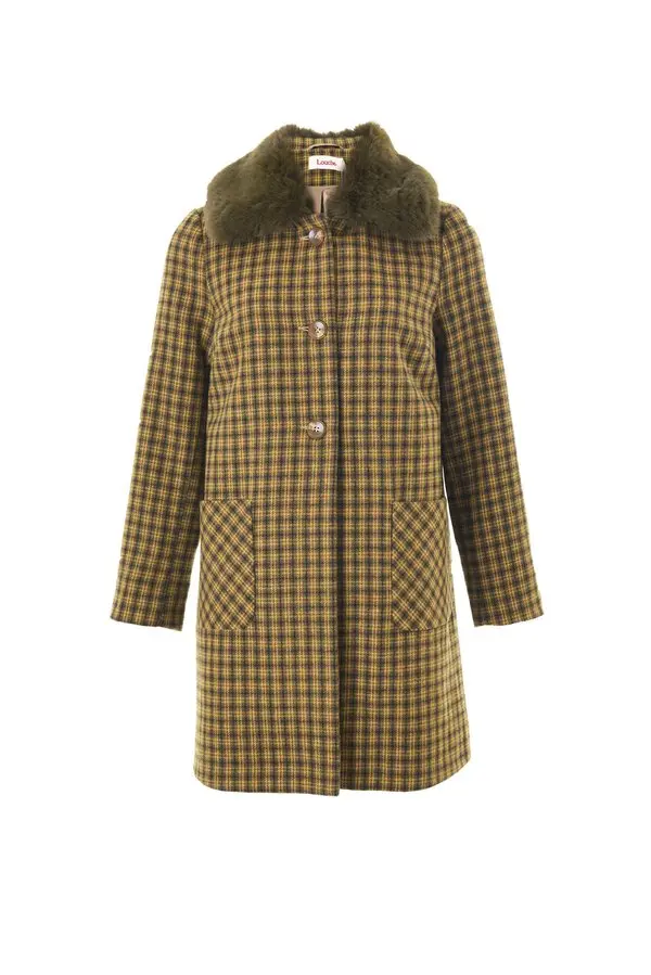 LOUCHE Dryden Wyoming Check Faux Fur Collar Coat Mustard - Yellow