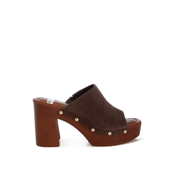 RAG & CO Soft Suede Leather Clogs With Stud Embellishments And Block Heel - Brown