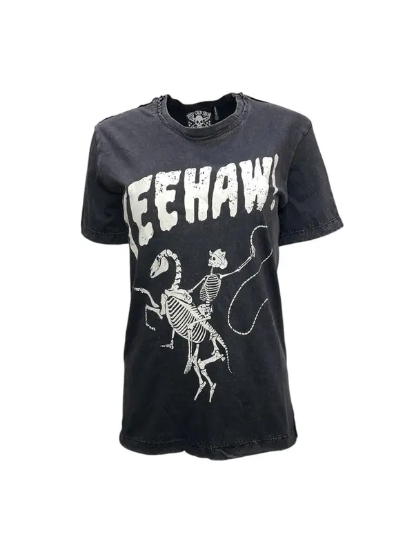 ANY OLD IRON White / Black / Grey Acid Wash Yeehaw T-shirt - White/black/grey