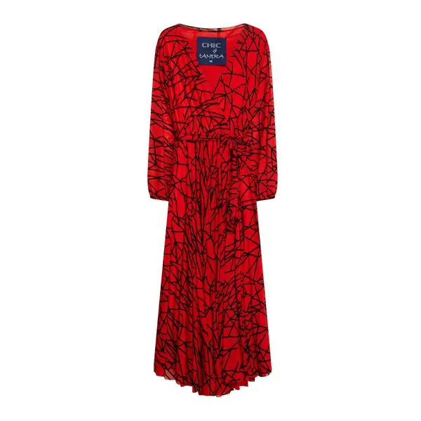 TANTRA SPAIN SL Tulle Dress With Geometric Detail Made Of Velvet, Cross Neckline And Belt At The Waist - Red