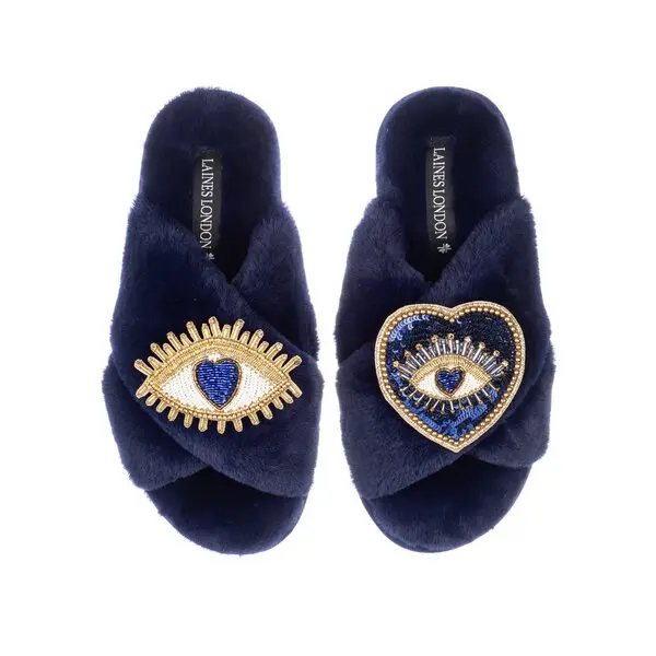 LAINES LONDON Classic Laines Slippers With Double Heart & Love Eye Brooches Navy - Blue
