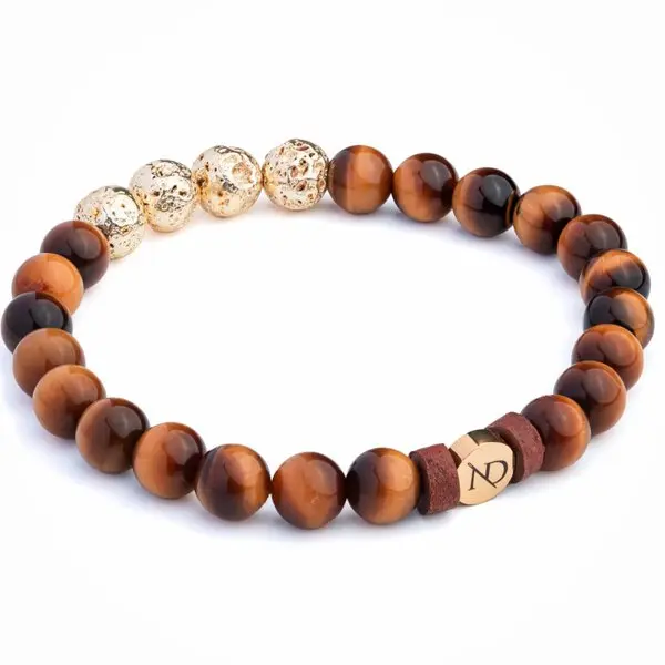 N'DAMUS LONDON Leather & Gold Beaded Tigers Eye Gemstone Bracelet - Brown