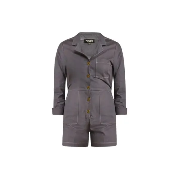 KNOWN SUPPLY Long Sleeve Button Up Romper Scorpio Lead - Blue