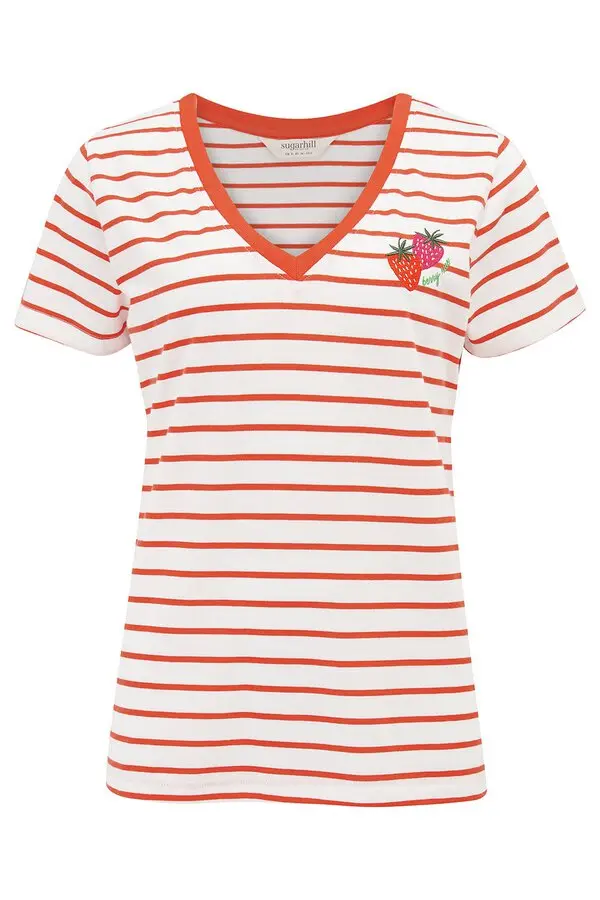 SUGARHILL BRIGHTON Khloe V-neck T-shirt Off White Stripe, Strawberry - Red