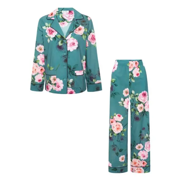 KATRO Colony Cabbage Rose Cotton Pajamas - Green