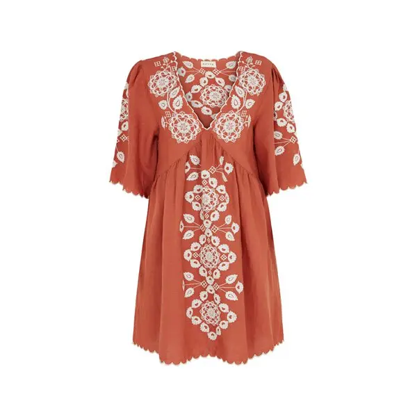 RAFFYA Arabella Linen With White Embroidered Mini Dress - Brown