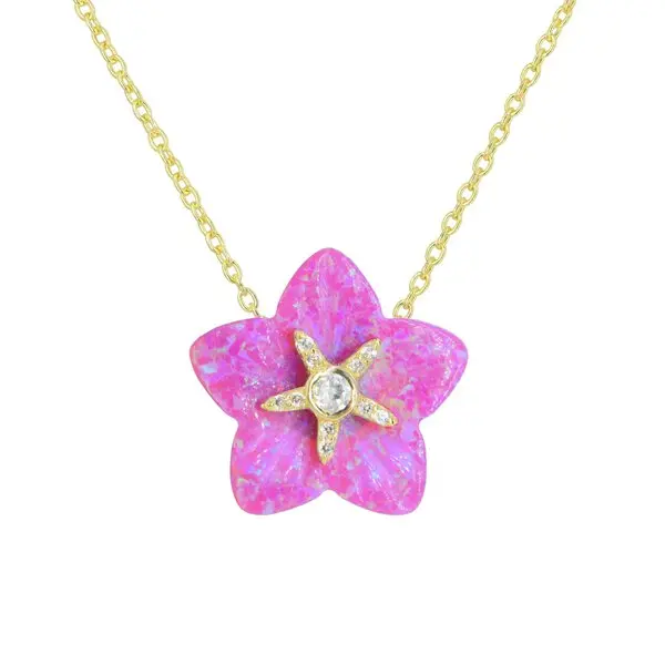 KAMARIA Carved Opal Flower Necklace With Crystals Fuchsia - Pink