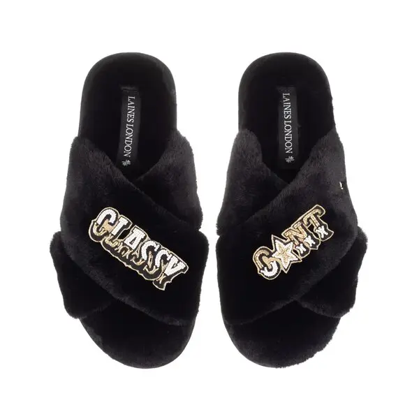 LAINES LONDON Classic Laines Slippers With Classy Cunt Brooches