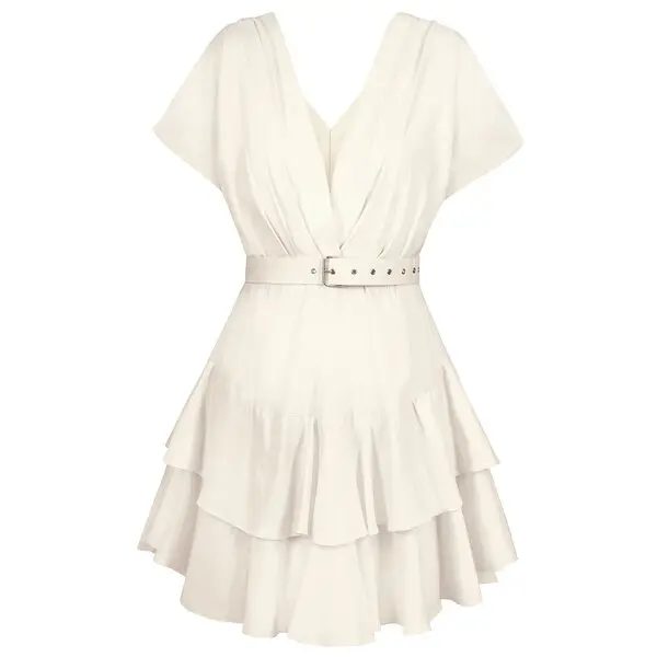ALINA CERNATESCU Neutrals Oasis Linen Bamboo Holiday & Cocktail Ruffle Midi Dress With Textile Belt - Beige