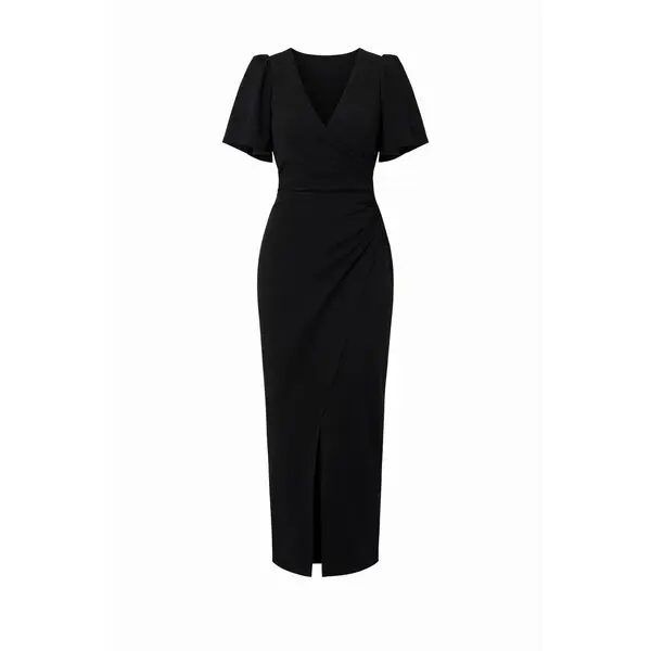 GIRL IN MIND Freya Puff Sleeve Wrap Neck Ruched Midi - Black