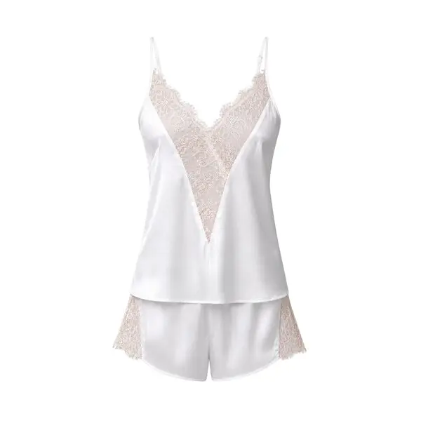 OH!ZUZA NIGHT&DAY White / Gold Grace Satin Viscose Short Set Lace Cream - White/gold