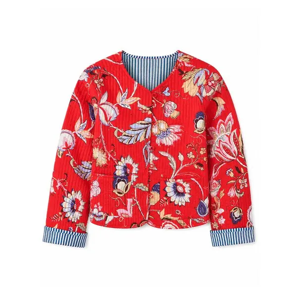 YUMI Boho Print Cotton Reversible Quilted Jacket - Red