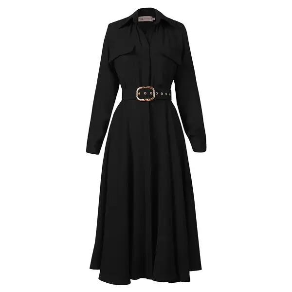 ALINA CERNATESCU Patty Classic Sustainable Viscose Midi Dress With Pockets And Textile Belt - Black