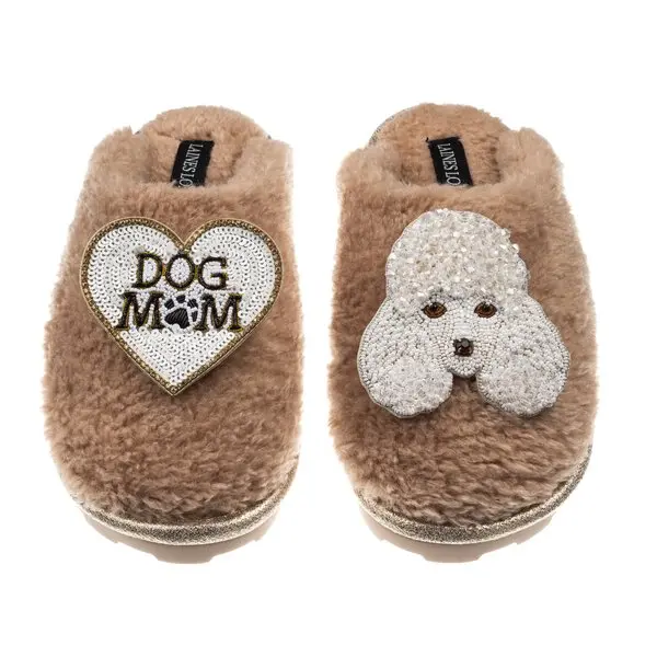 LAINES LONDON Neutrals Teddy Closed Toe Slippers With Pearl The Poodle & Dog Mum / Mom Brooches Toffee - Brown